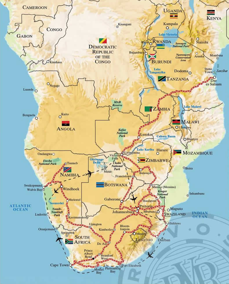 Rovos Rail Cape Town Map to Dar Es Salaam
